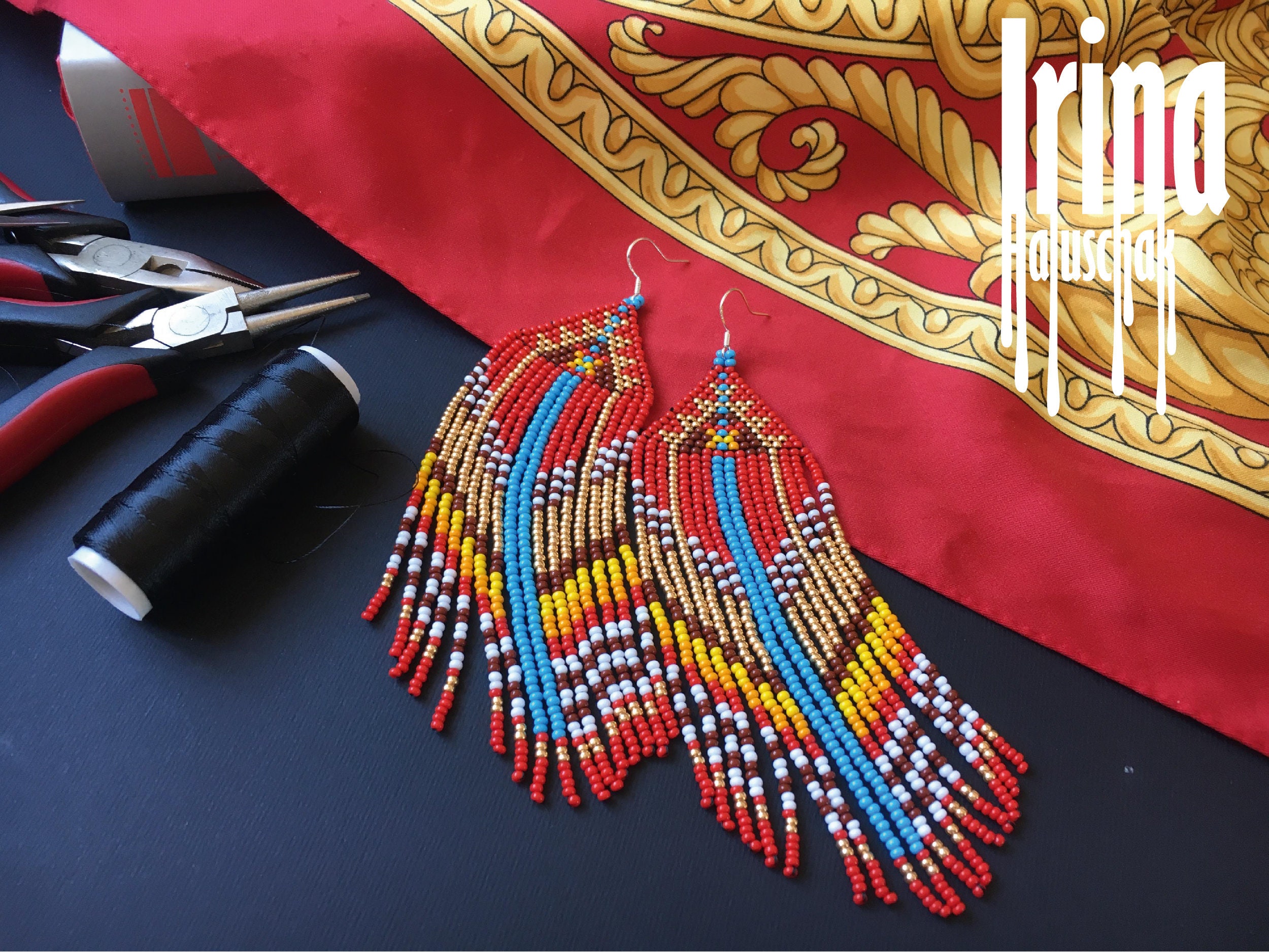 Beaded earrings Native American style red earrings Wide seed | Etsy