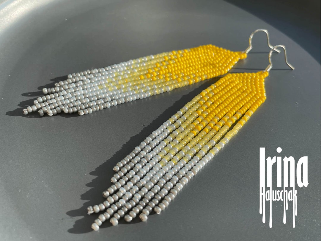 Yellow and Grey Shadows Beaded Earrings Gradient Seed Bead Earrings ...