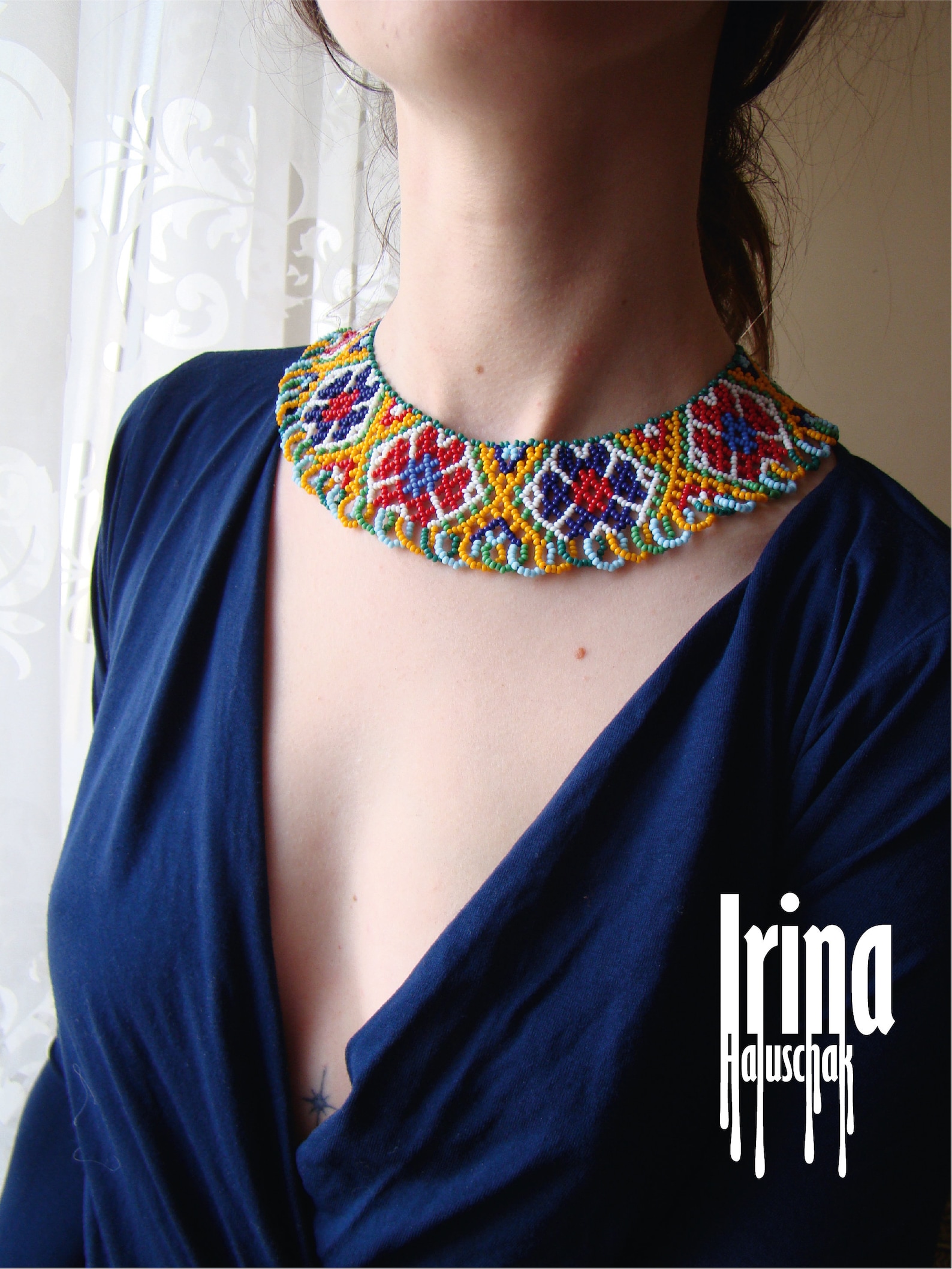 Flower Pattern Beaded Necklace Ukraine Seed Bead Necklace - Etsy