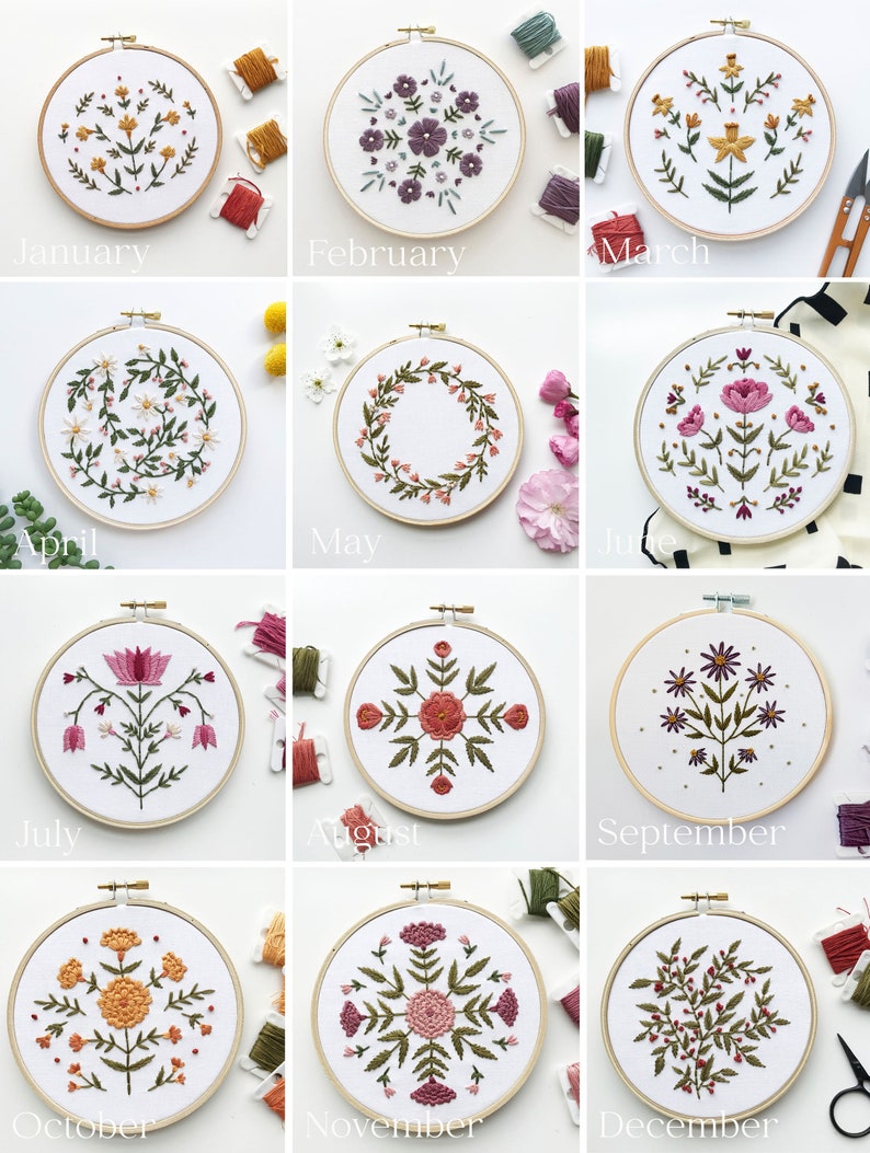 April Floral Embroidery Pattern // Daisy Embroidery Pattern // Birth ...