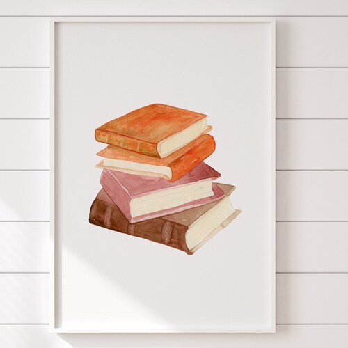 Book Stack Watercolor Print Book Lover Bookshelf Decor Home - Etsy