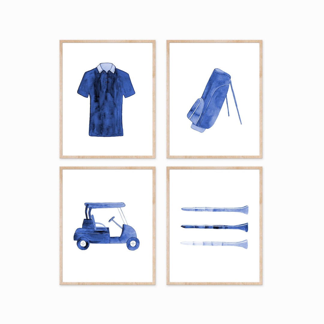 Golf Watercolor Print Set of 4, Blue Golf Club Print, Golf Decor, Golf ...