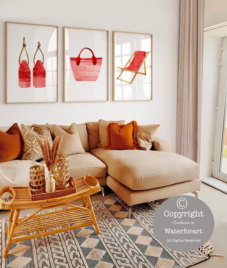 Watercolor Red Beach Wall Art Set, Beach Chair Bag & Lobster Buoy Art ...