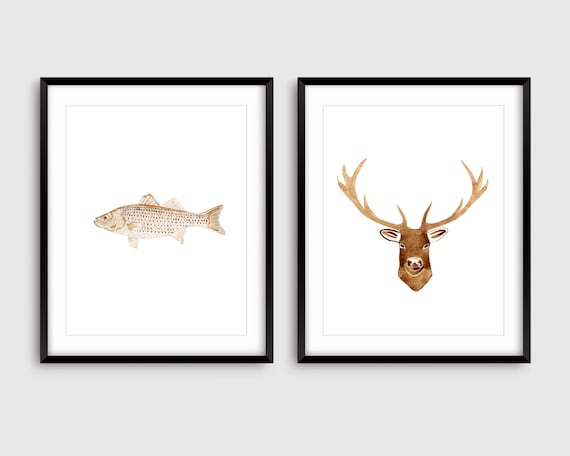Watercolor Fishing Hunting Art Set Fishing Art Print Nursery - Etsy