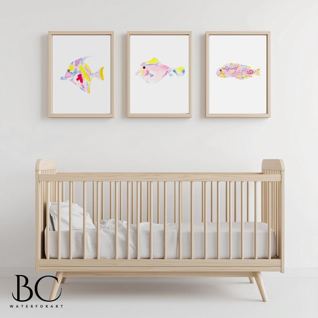 Pink Watercolor Tropical Fish Print Set for Nursery Decor, Ocean Art ...