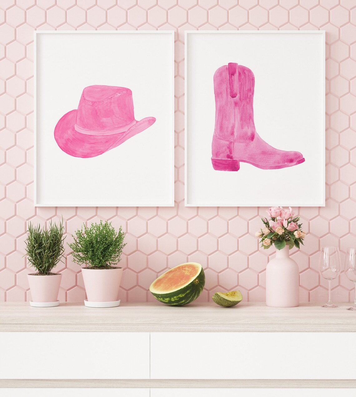 Hot Pink Watercolor Boots and Hat Art Print Set Hot Pink - Etsy