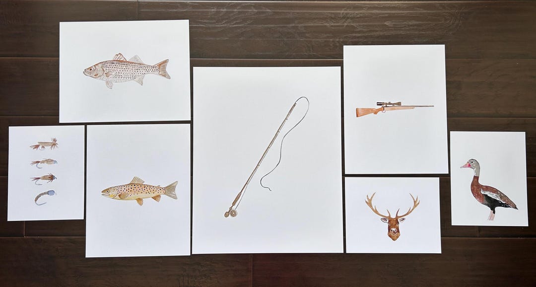 Watercolor Fishing Hunting Art Print Set, Fishing Pole Lures Bass Trout ...