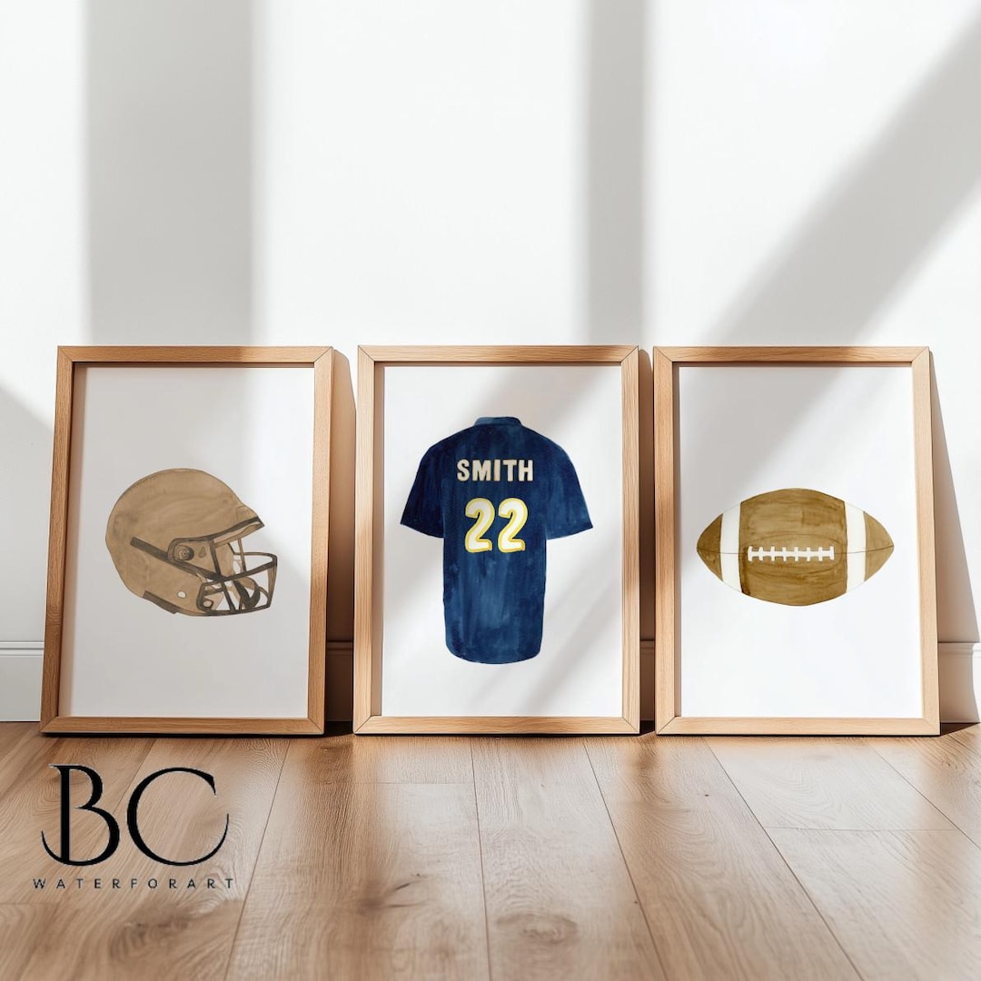 Personalized Watercolor Football Jersey Helmet & Football Art Print Set ...