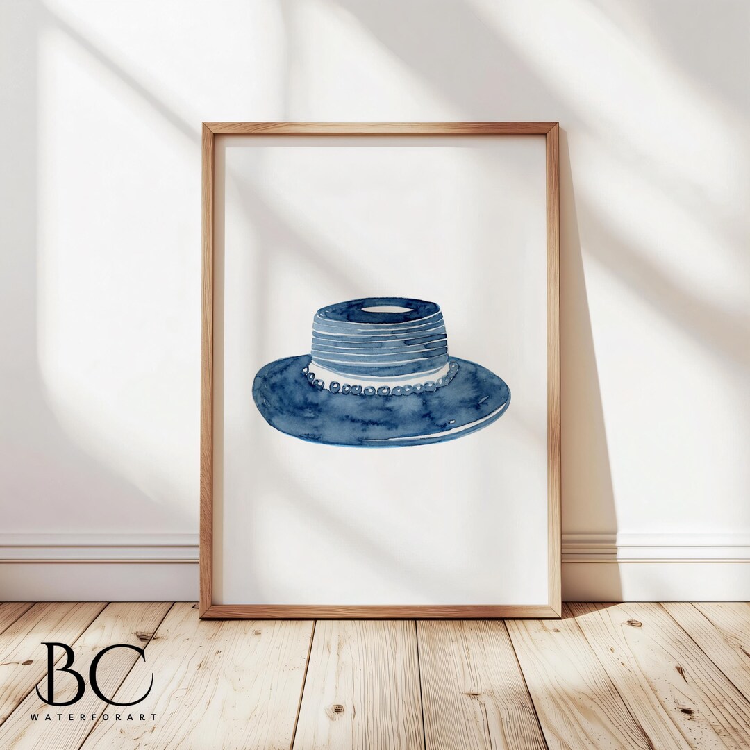 Watercolor Vintage Blue Beach Hat Art Print, Beach House Decor, Lake ...