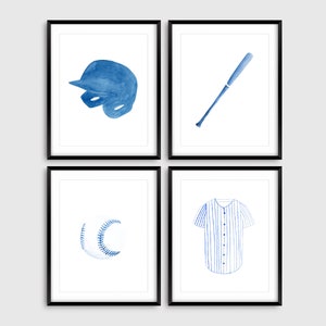 Watercolor Blue Baseball Print Set, Sport Art Prints, Baseball Bat ...