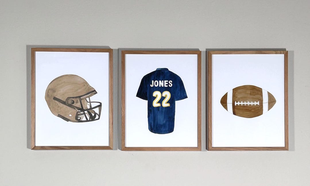 Personalized Watercolor Football Jersey Helmet & Football Art Print Set ...