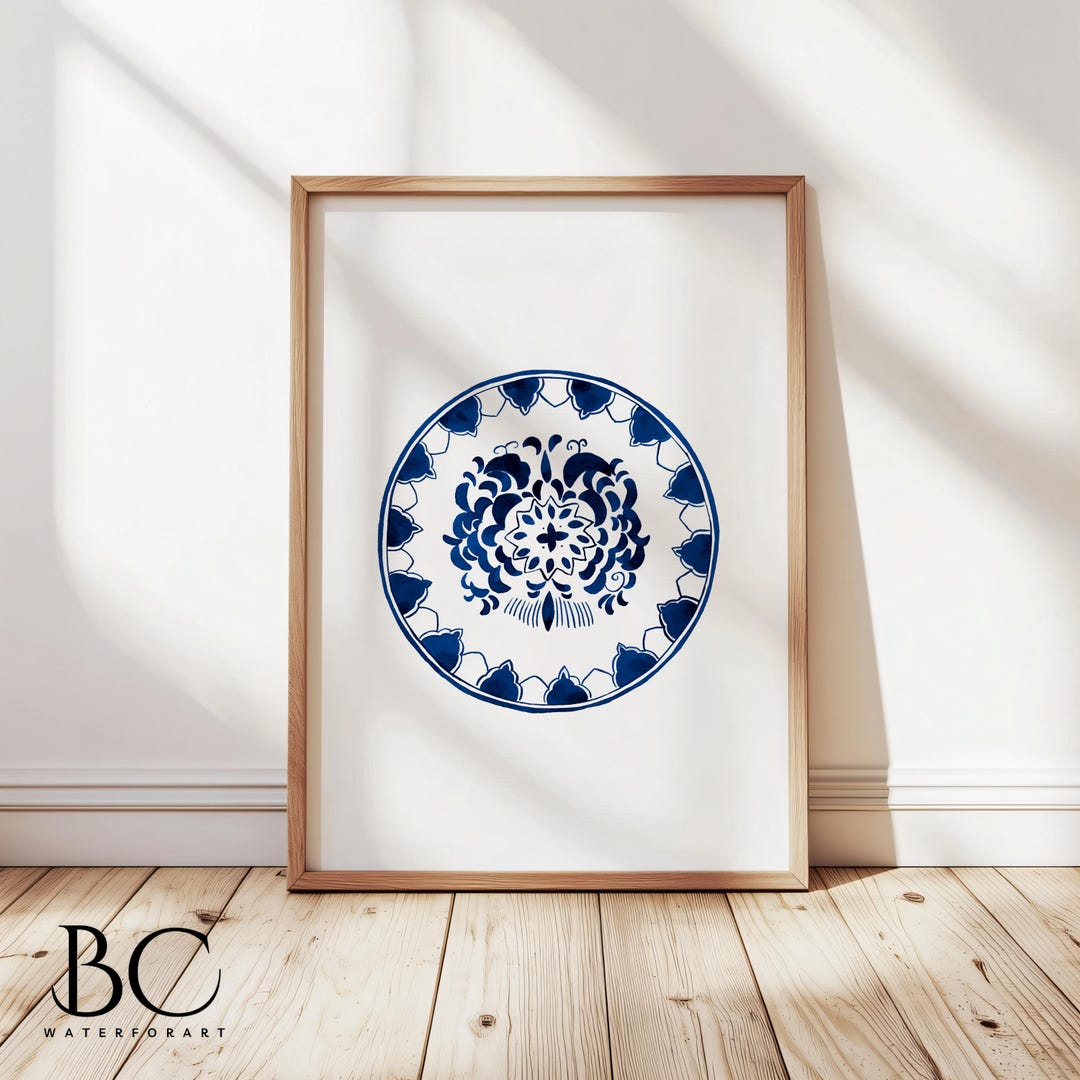 Blue & White Porcelain Plate Art Print, Watercolor Navy Blue ...