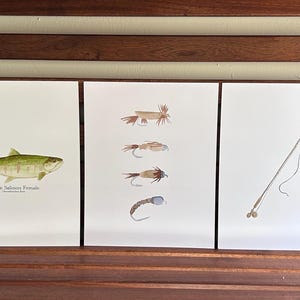 Watercolor Salmon Fly Fishing Art Print Set, Fishing Wall Gallery Decor ...