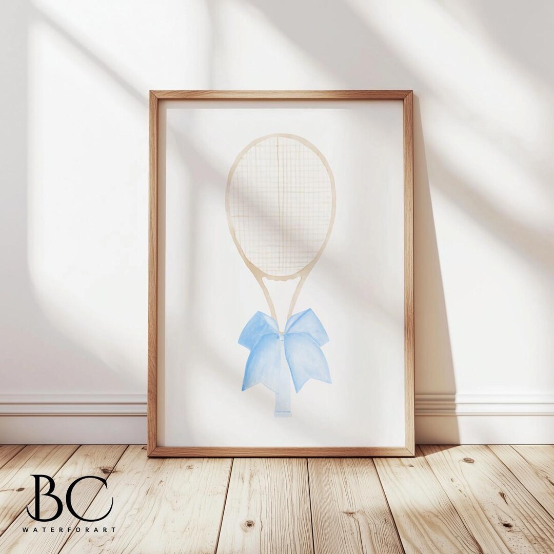 Watercolor Blue Tennis Racket Art Print, Tennis Racket With Bow Art ...