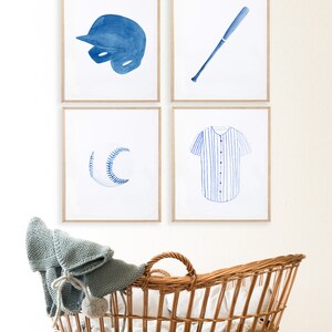 Watercolor Blue Baseball Print Set, Sport Art Prints, Baseball Bat ...