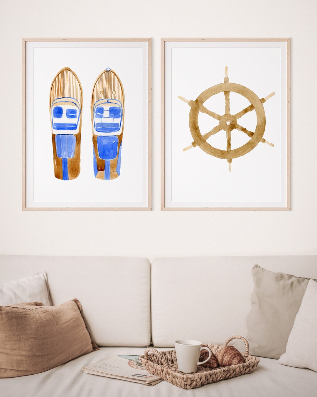 Set of 2 Watercolor Prints Vintage Speed Boat and Ship Wheel, Nautical ...