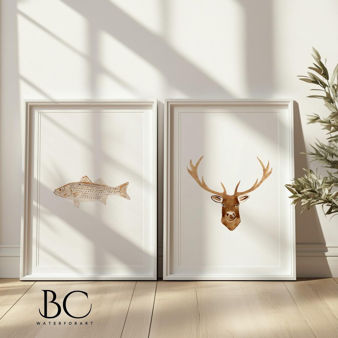 Watercolor Fishing Hunting Art Set, Fishing Art Print, Nursery Hunting ...