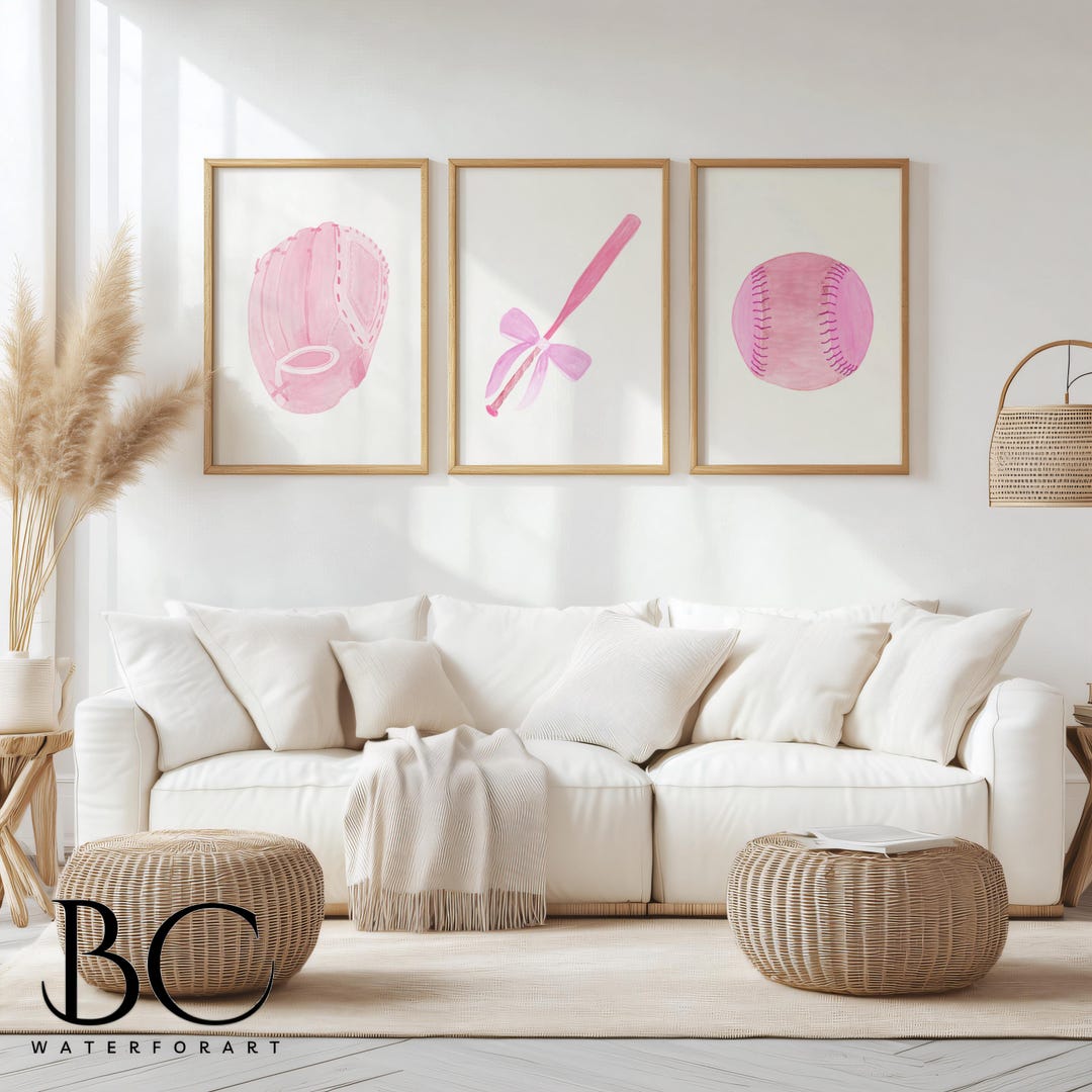 Pink Watercolor Softball Art Prints, Softball Girl's Room Decor ...
