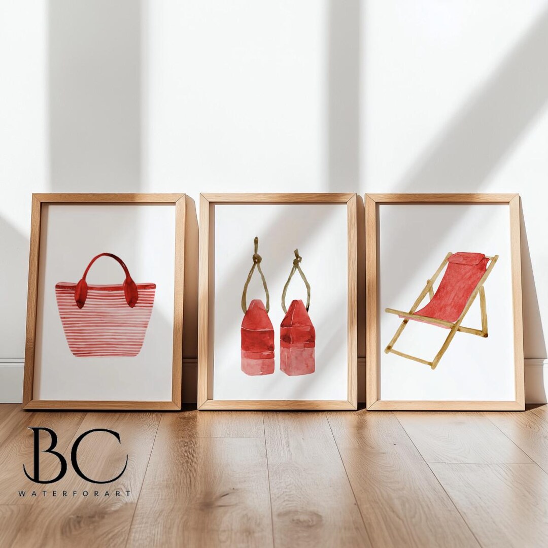 Watercolor Red Beach Wall Art Set, Beach Chair Bag & Lobster Buoy Art ...