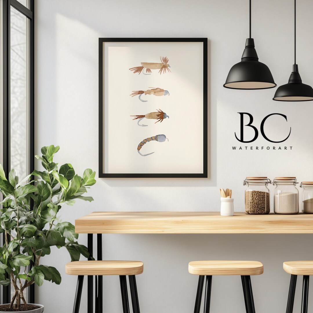 Watercolor Fly Fishing Lures Art Print, Beach House Lake House Fly ...