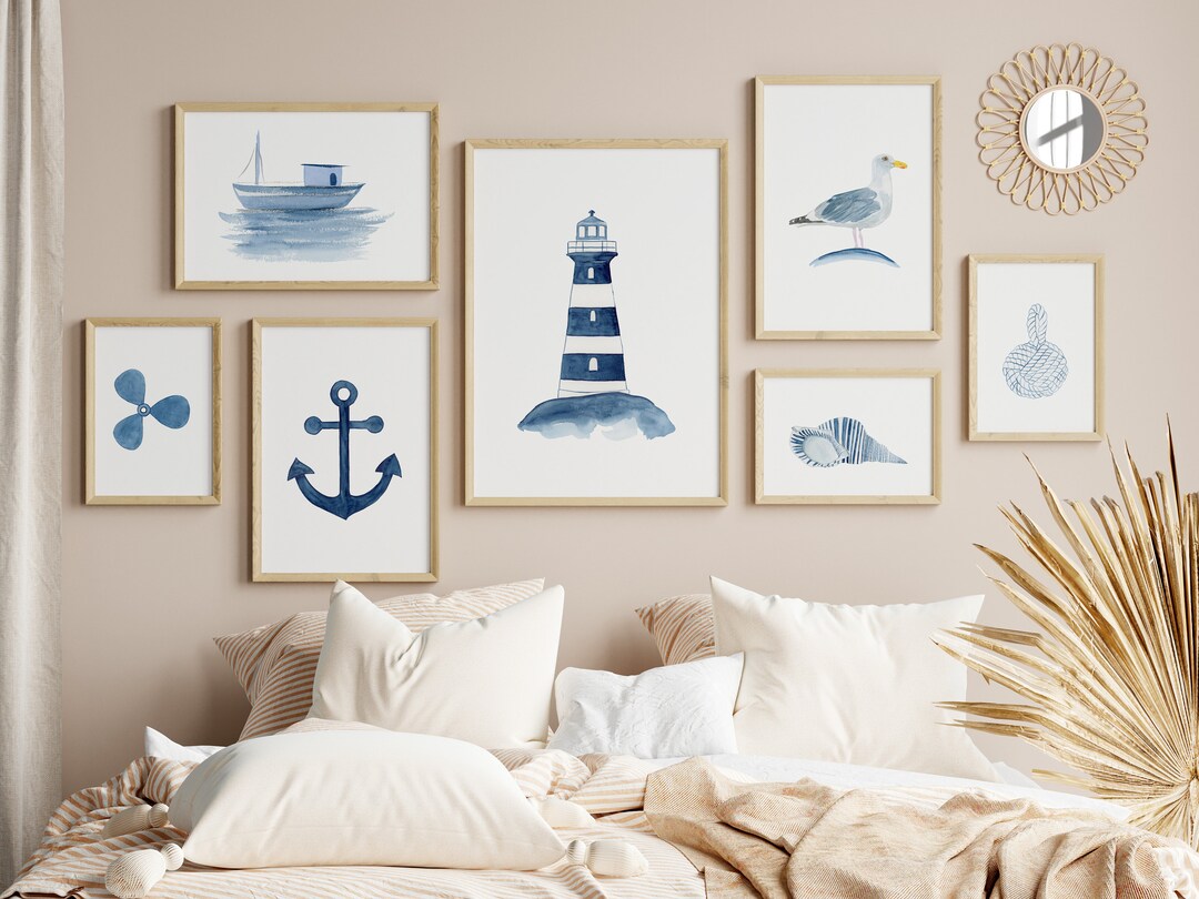 Nautical Watercolor Print Set, Coastal Gallery Wall Art, Beach House ...