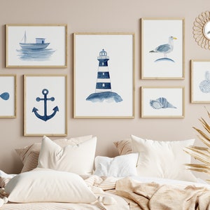 Nautical Watercolor Print Set, Coastal Gallery Wall Art, Beach House ...