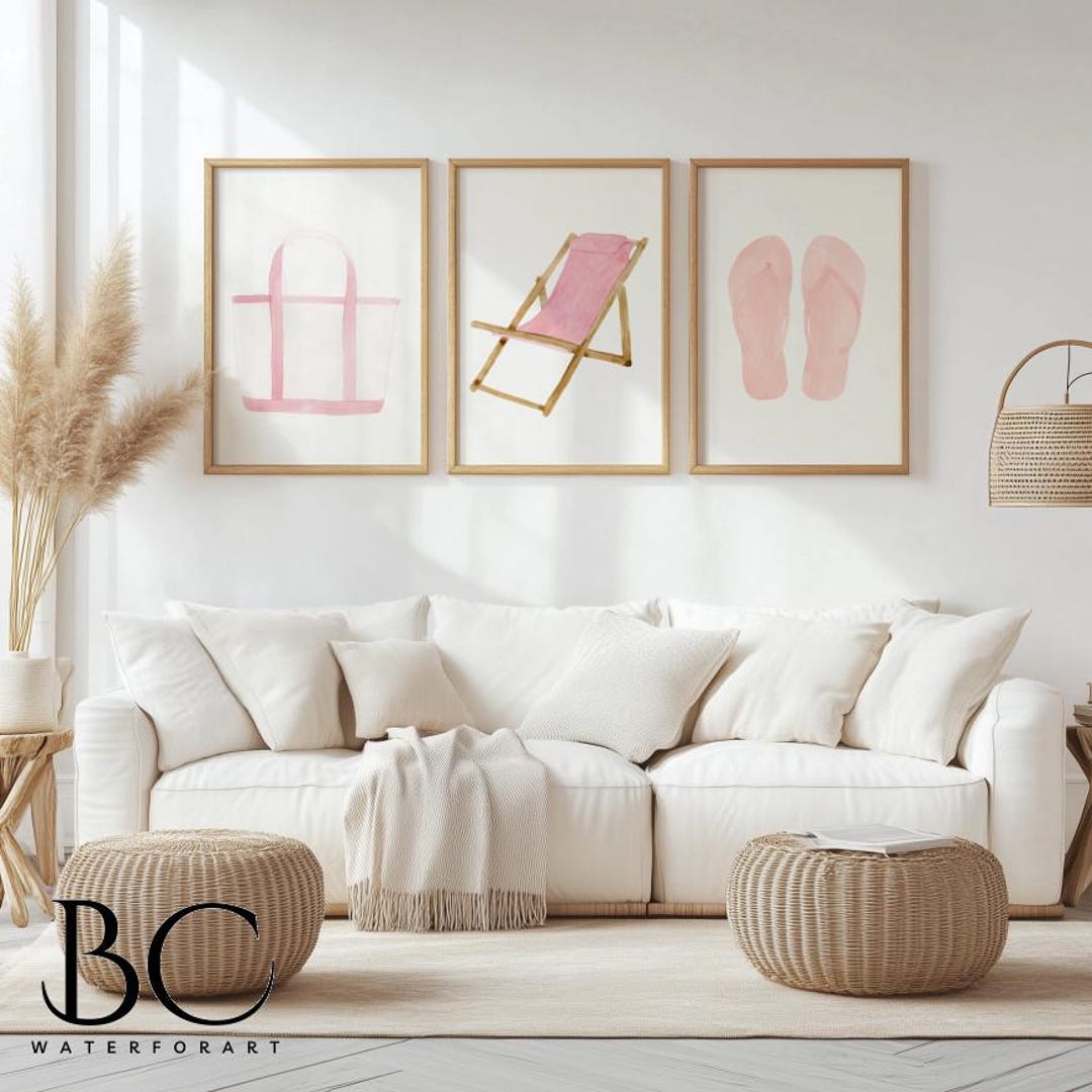 Watercolor Pink Beach Wall Art Set, Chair Bag Flip Flop Wall Art, Pink ...