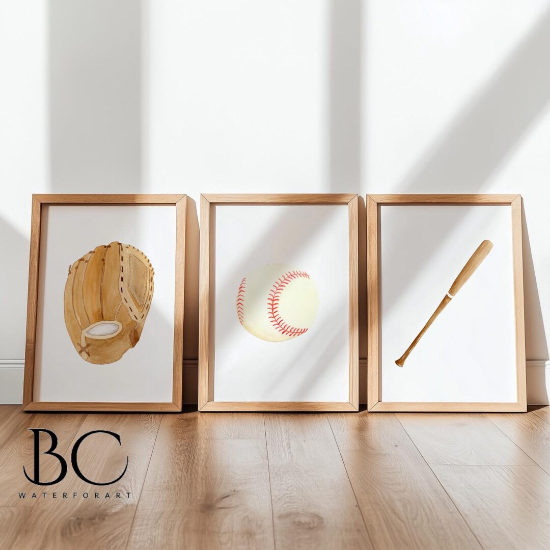 Watercolor Baseball Print Set, Sport Art Prints, Baseball Bat, Ball and ...