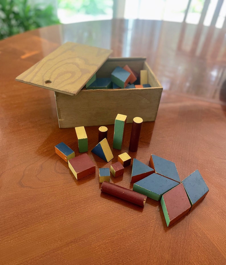Vintage Wooden Blocks in Wood Box Building Blocks in Variety of Shapes ...