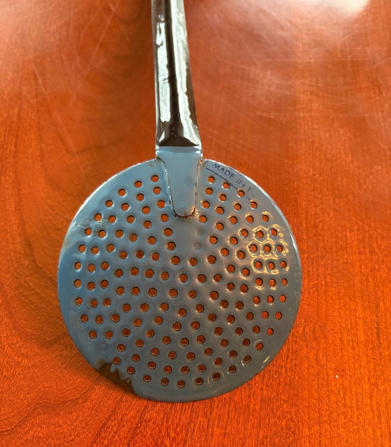 Vintage Metal Skimmer Ladle Retro Kitchen Tool Perforated Oval Strainer ...