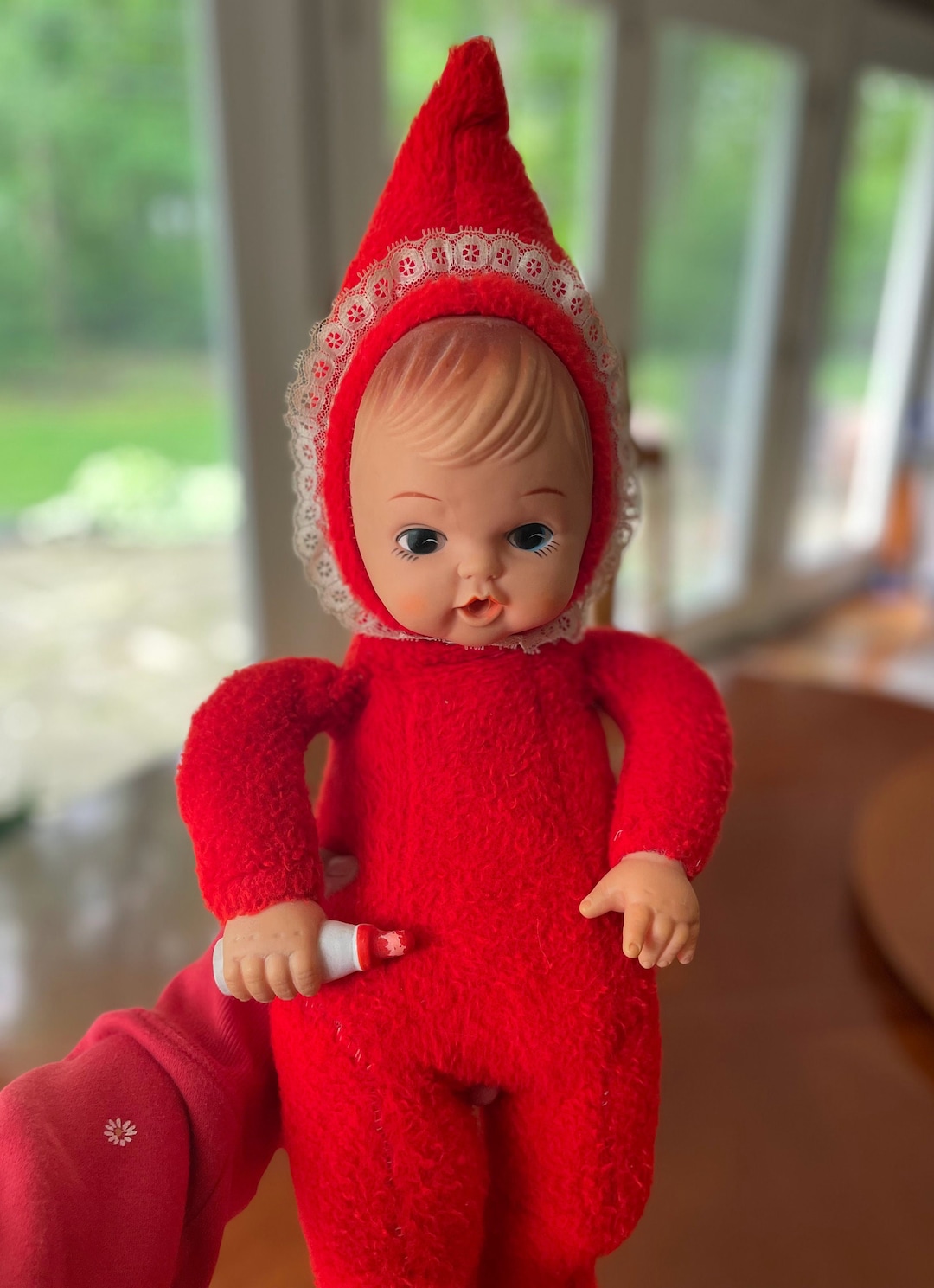 Vintage Rubber Face Baby Doll Bottle Red Pixie Snow Suit 1960s Rushton ...