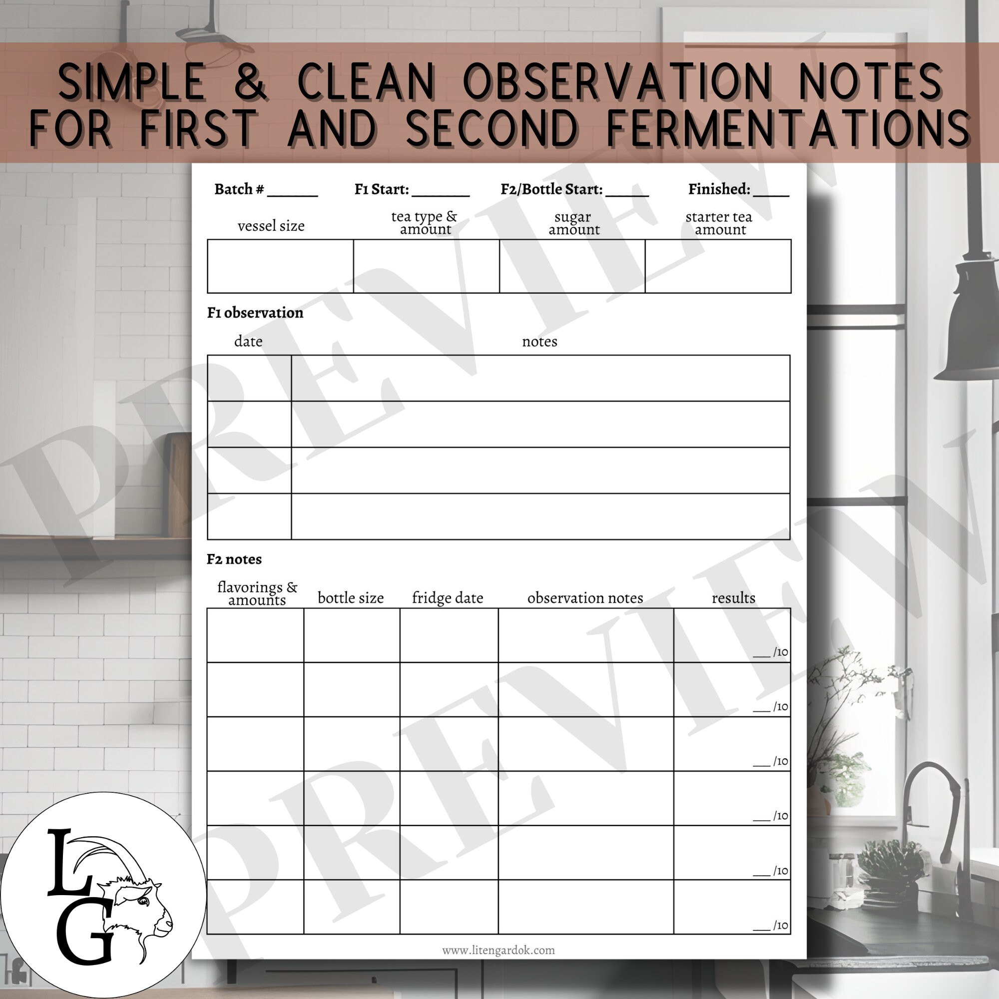 Kombucha Brewer's Log Book, First Fermentation Observation Notes ...