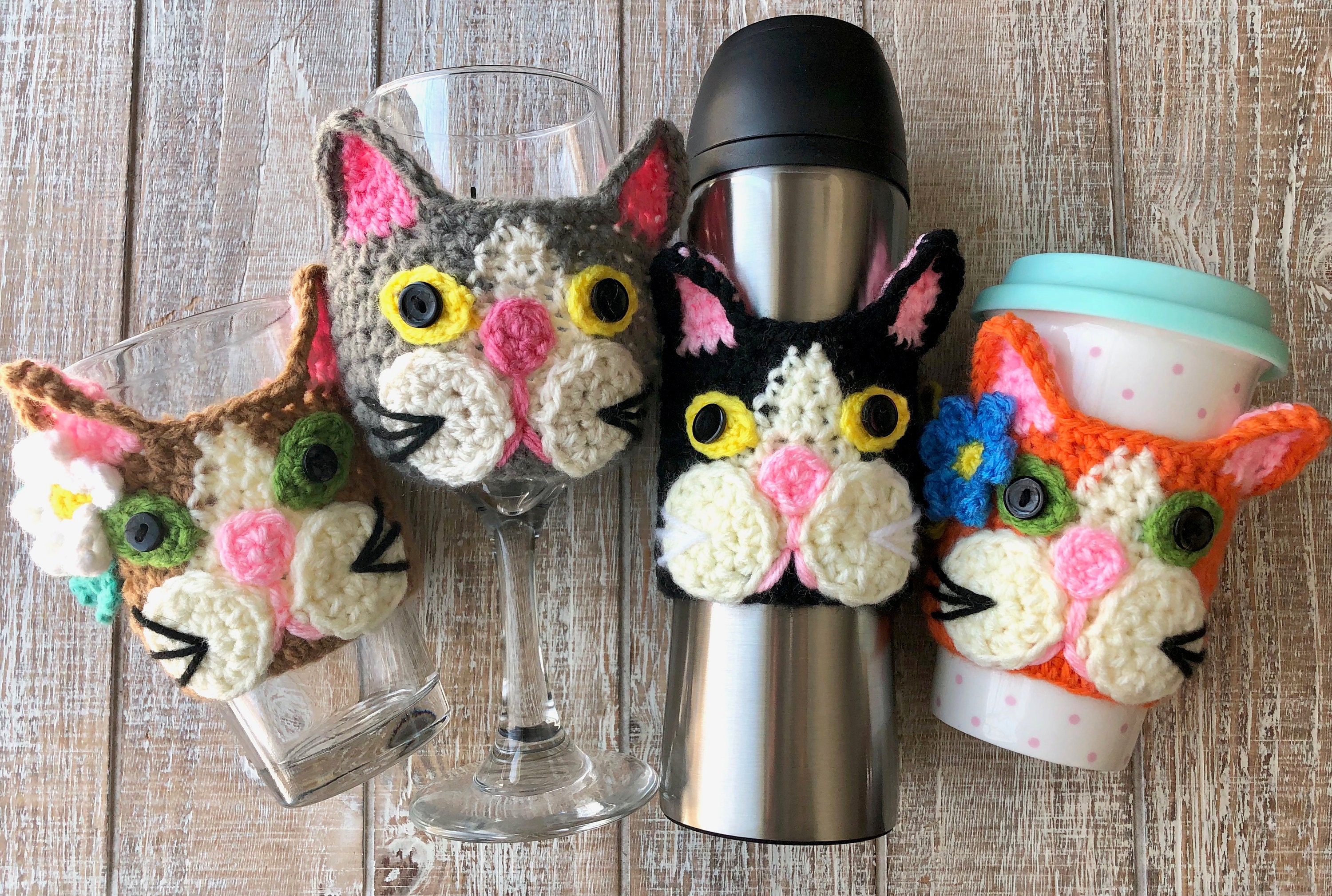 Tuxedo Kitten Crochet Coffee Cup Cozy Pattern, Cat Coffee Tumbler Cozy ...