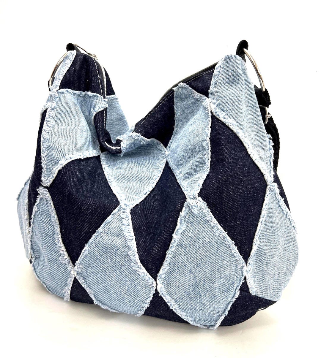 Slouchy Denim Crossbody Hobo Bag With Zippers, Washable Jeans Purse ...