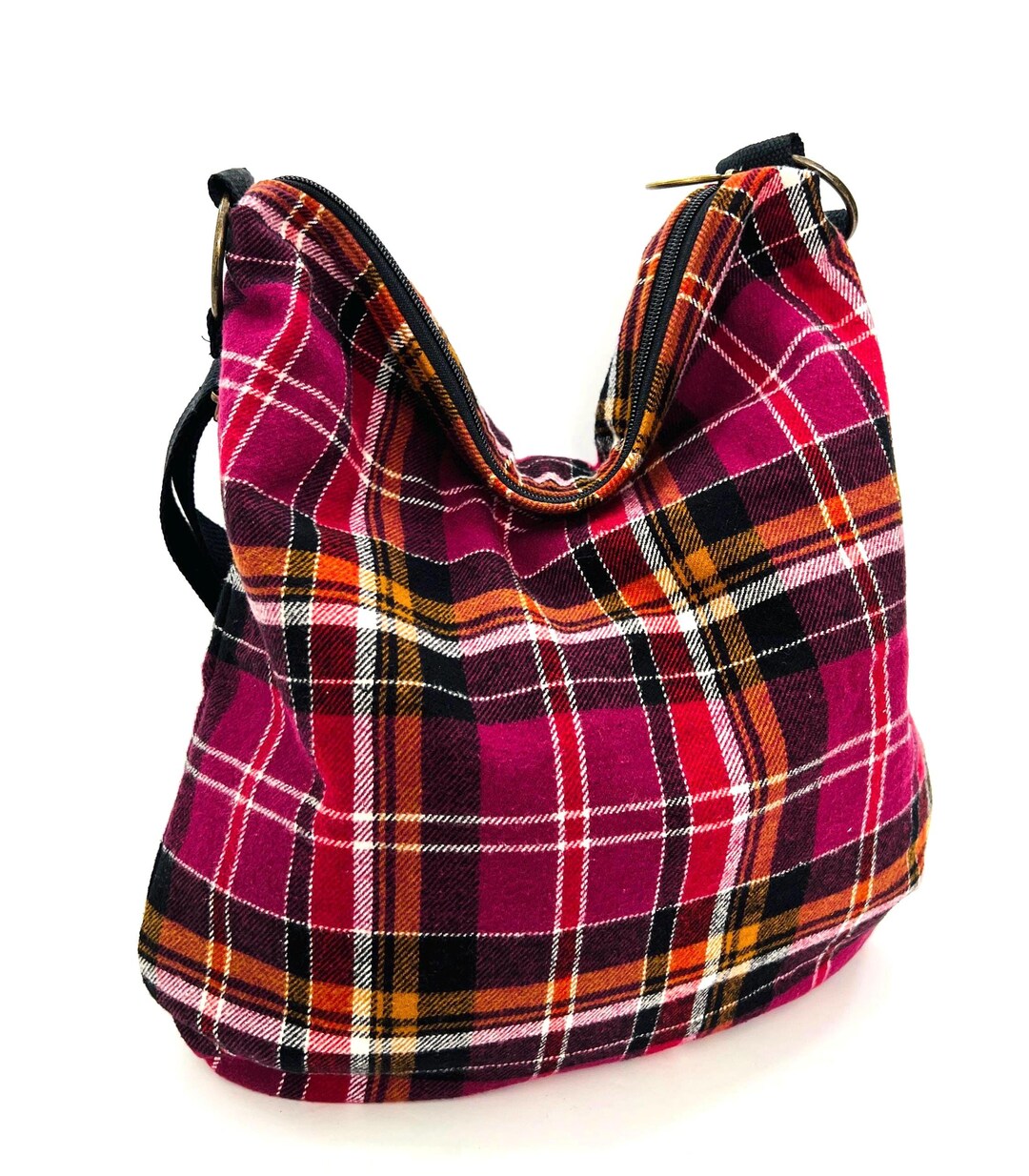 Plum Purple Plaid Flannel Hobo Bag, Slouchy Crossbody Purse With ...
