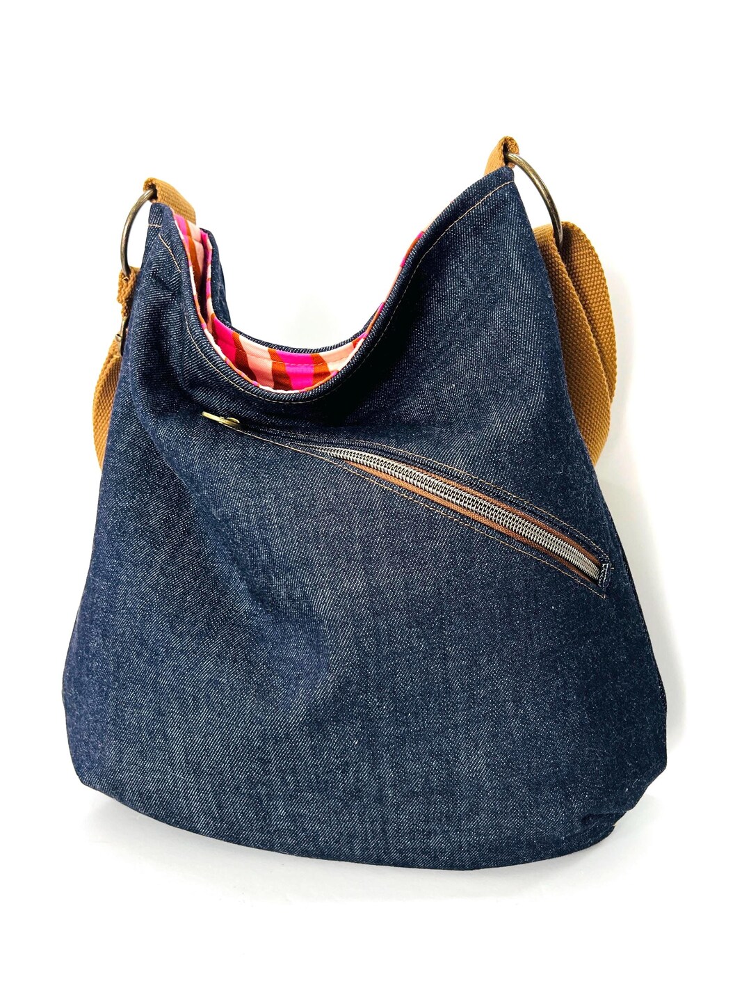 Denim Crossbody Hobo Bag With Outside Pocket, Denim Crossbody Purse ...