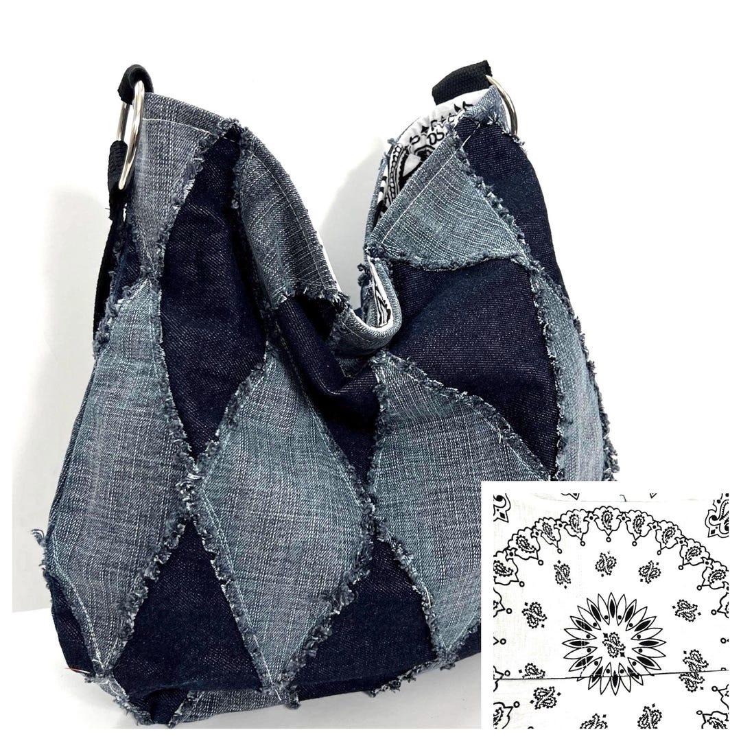 Slouchy Denim Crossbody Hobo Bag With Zippers, Washable Jeans Purse ...