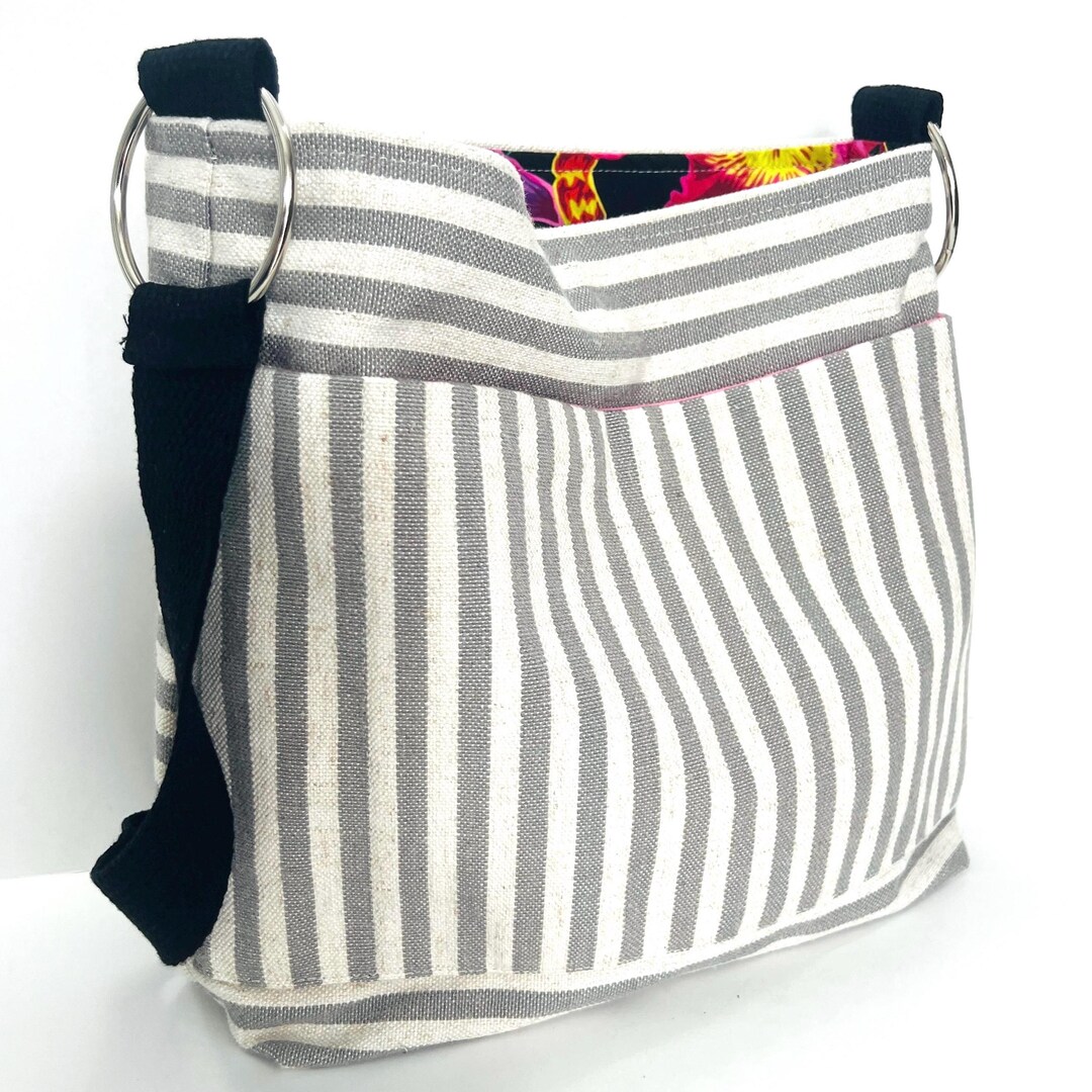 Striped Linen Crossbody Bag, Washable Cloth Shoulder Bag, Foldable ...