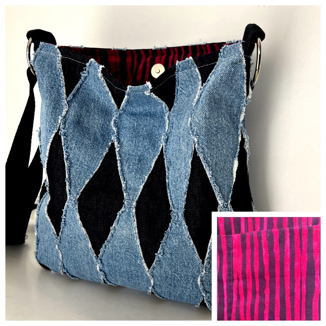 Harlequin Patchwork Denim Crossbody Bag, Washable Purse, Recycled ...
