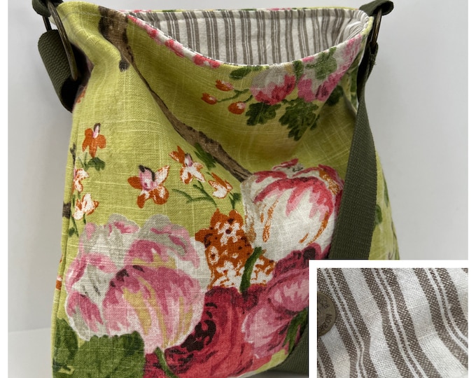 Washable Linen Crossbody Purse, Linen Purse, Floral Printed Linen Purse ...