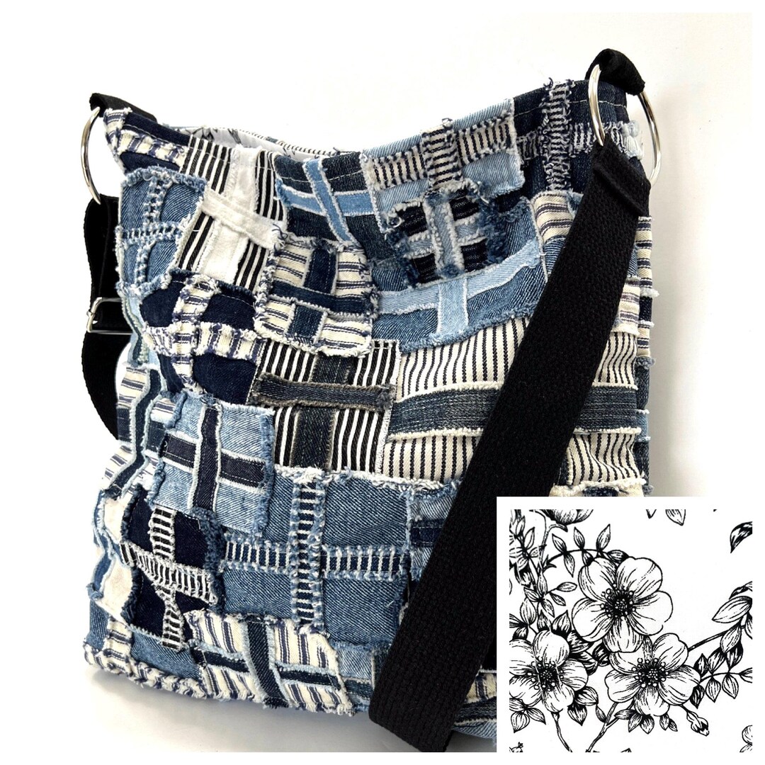 Patched Denim Crossbody Bag, Denim Bag, Washable Jean Purse, Foldable ...