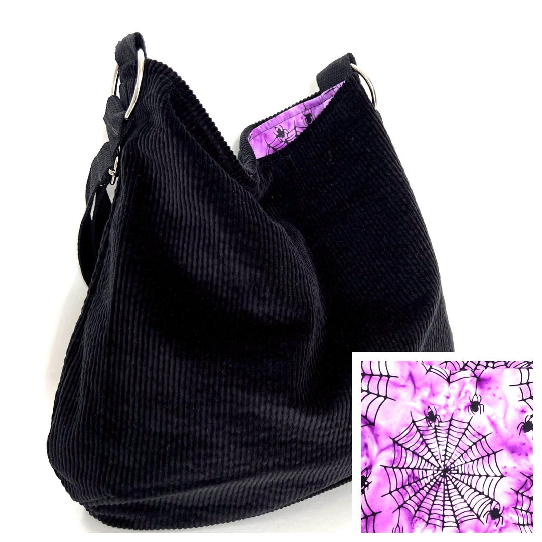 Gothic Corduroy Crossbody Hobo Bag: Purple Spider Web Print, Adjustable ...