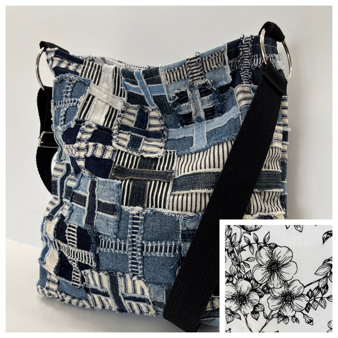 Patched Denim Crossbody Bag, Denim Bag, Washable Jean Purse, Foldable ...