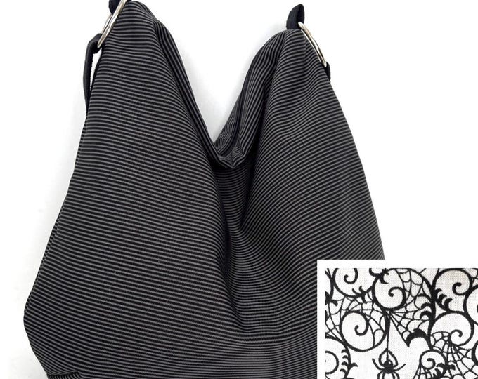 Gothic Hobo Bag, Large Crossbody Purse With Zippers, Black Striped ...