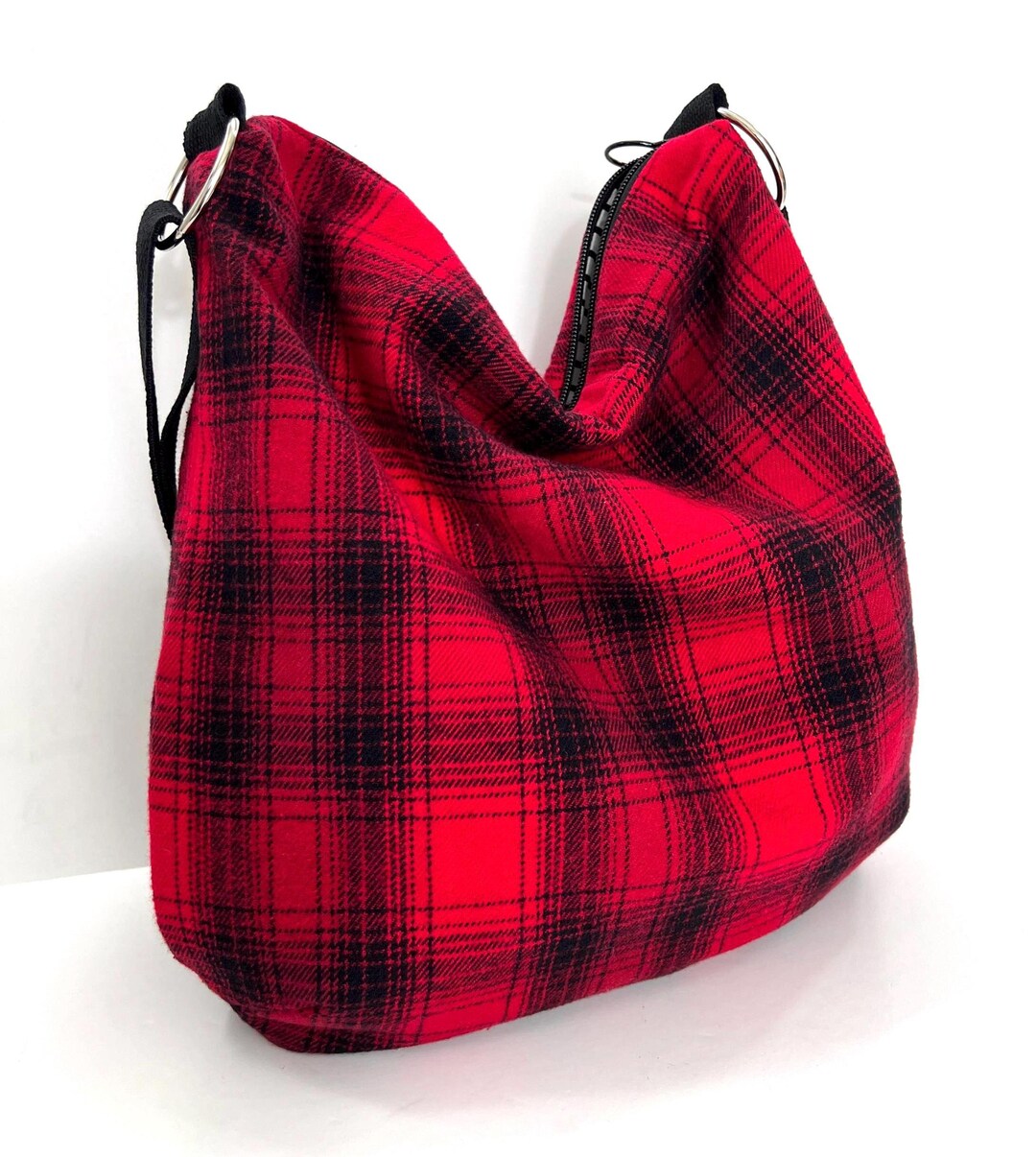 Plaid Hobo Bag, Slouchy Crossbody Purse With Zippers, Cotton Flannel ...
