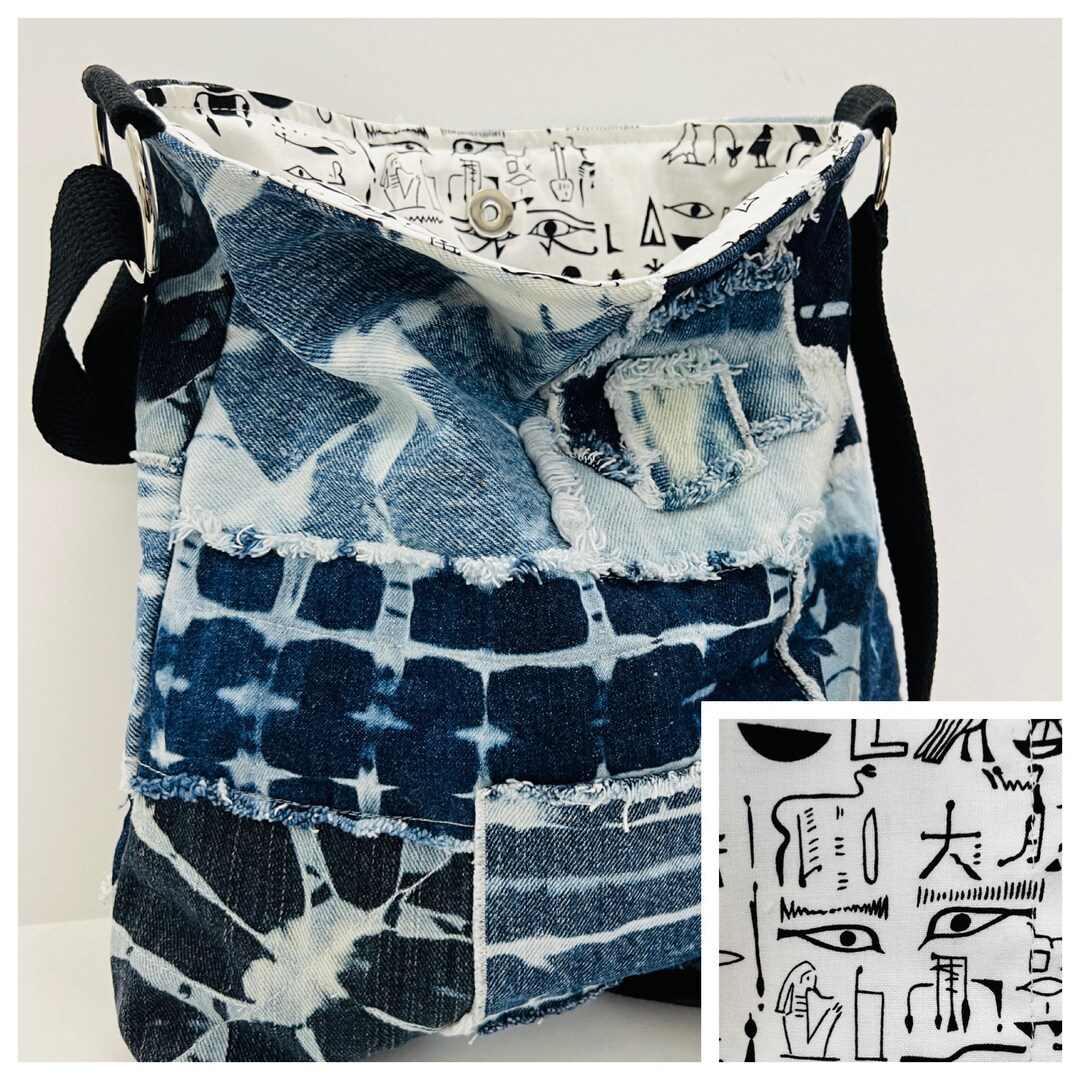 Patched Denim Crossbody Bag, Denim Bag, Washable Purse, Foldable, Denim ...