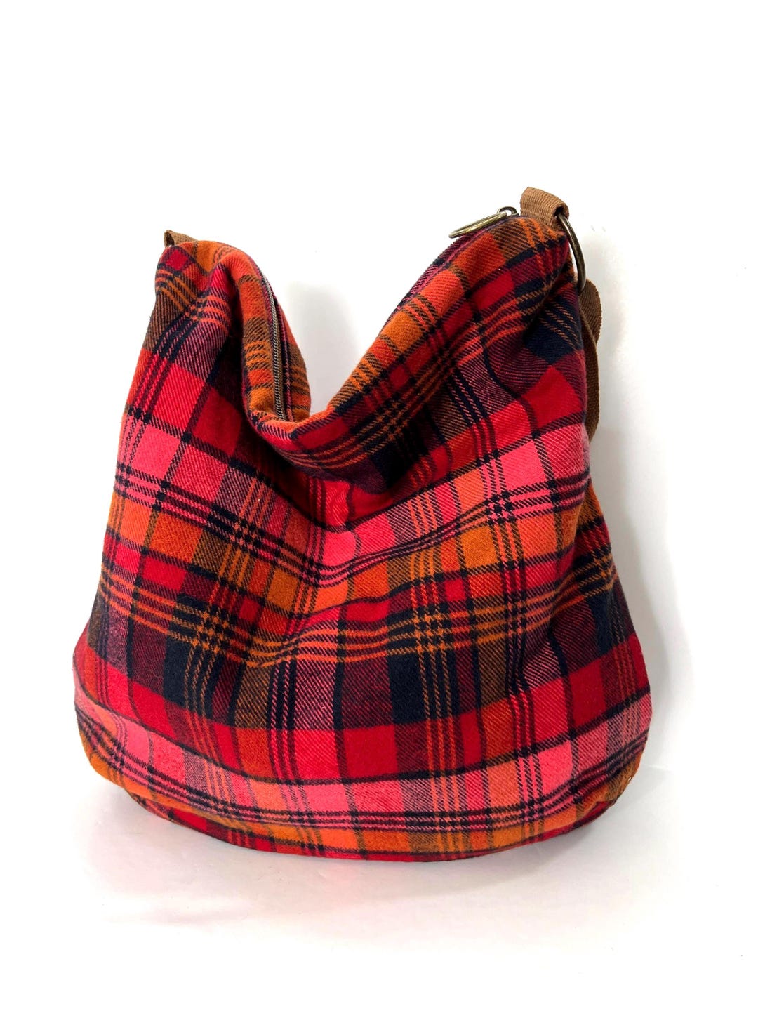 Plaid Flannel Hobo Bag, Slouchy Crossbody Purse With Zippers, Cotton ...