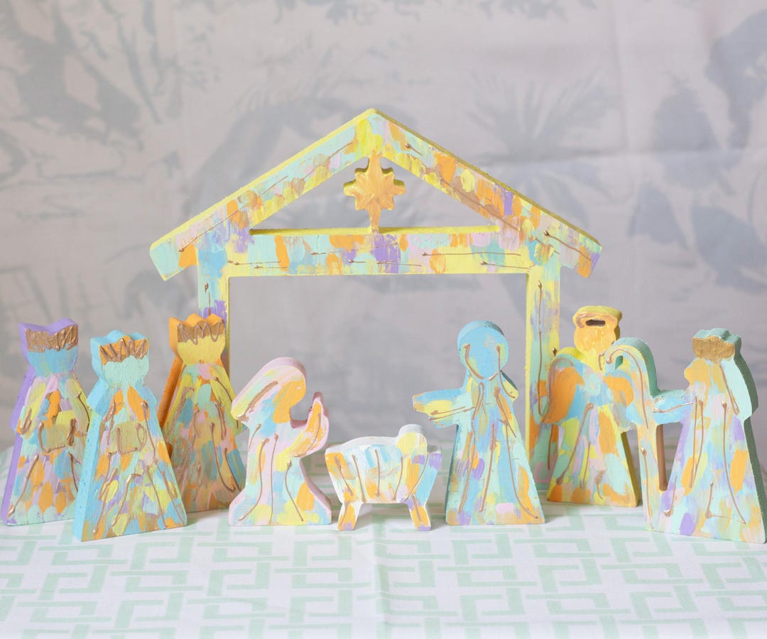 Colorful Pastel Manger Scene Nativity Hand Painted With Gold Wooden ...