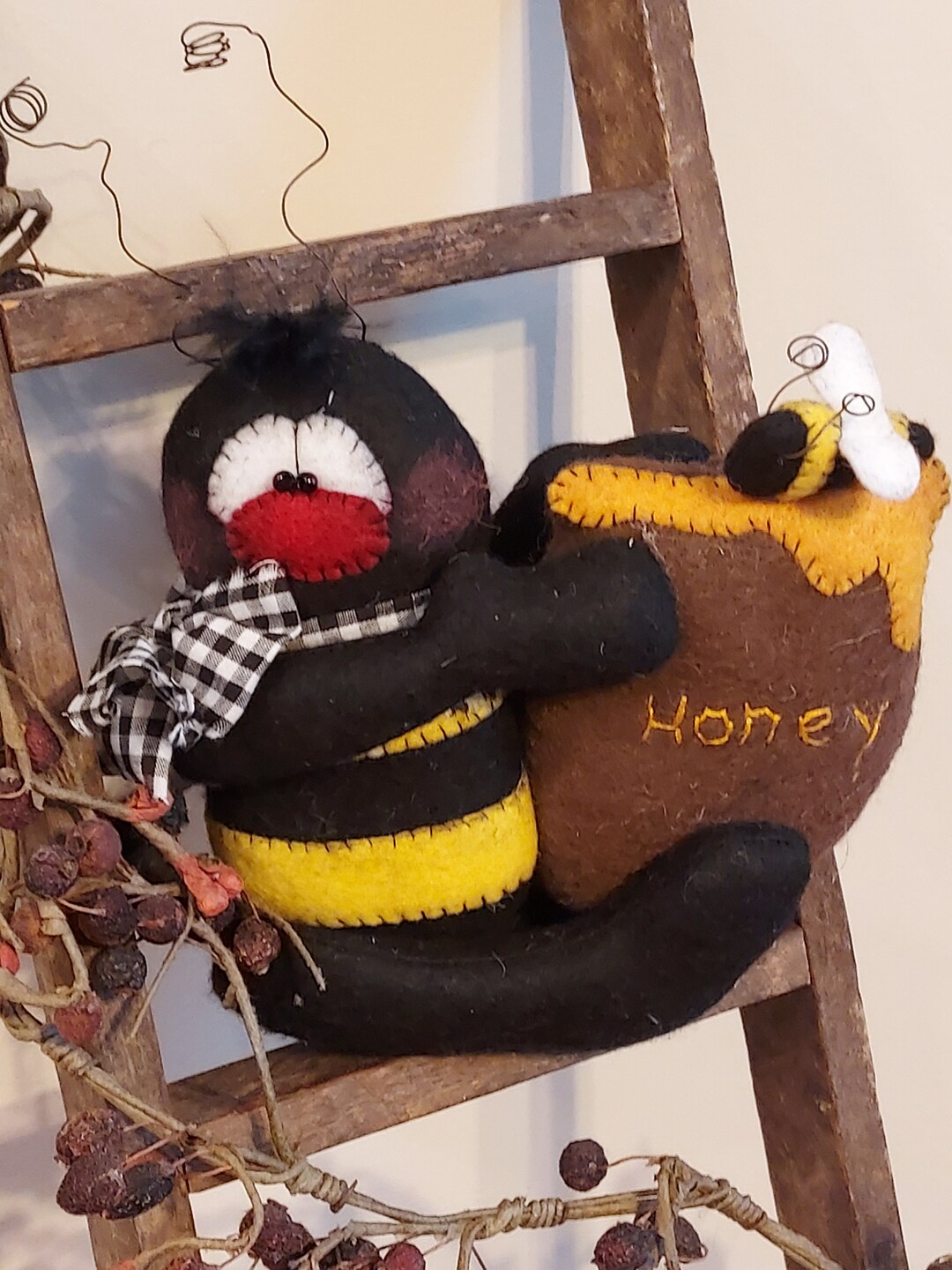Bee With Honey Pot, Bee Shelf Sitter, Whimsical Bee, Bumble Bee, Wool ...