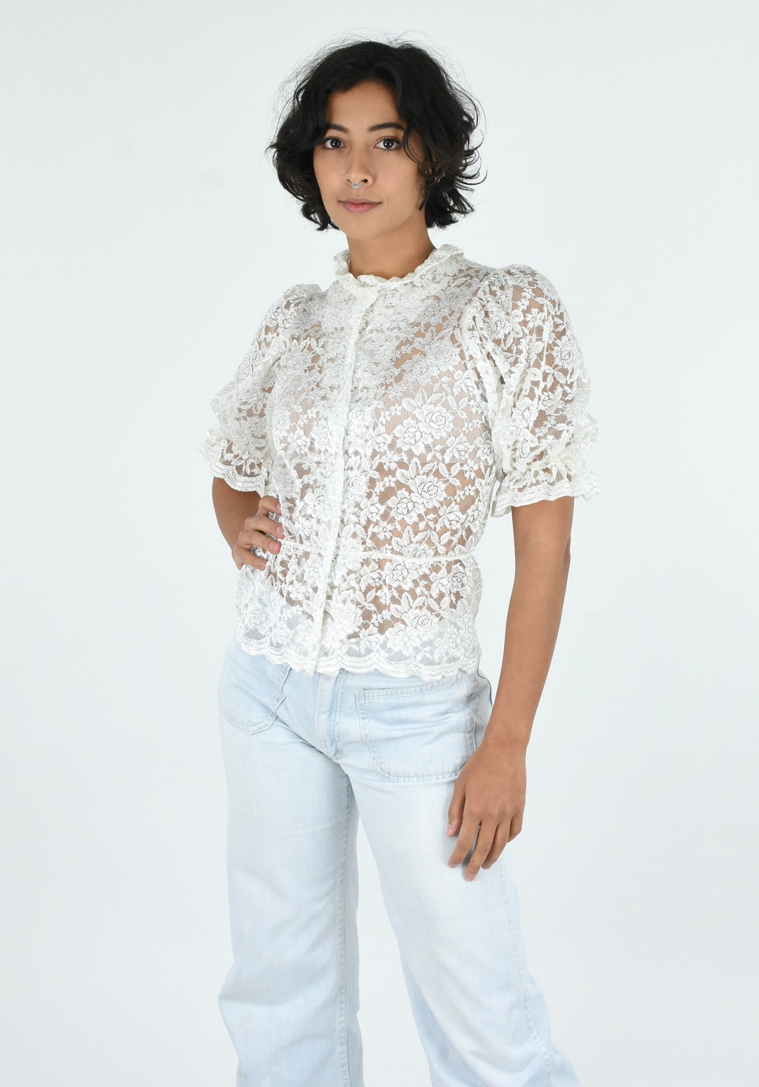 1980s Romantic White Floral Lace High Neck Ruffle Collar Blouse - Etsy